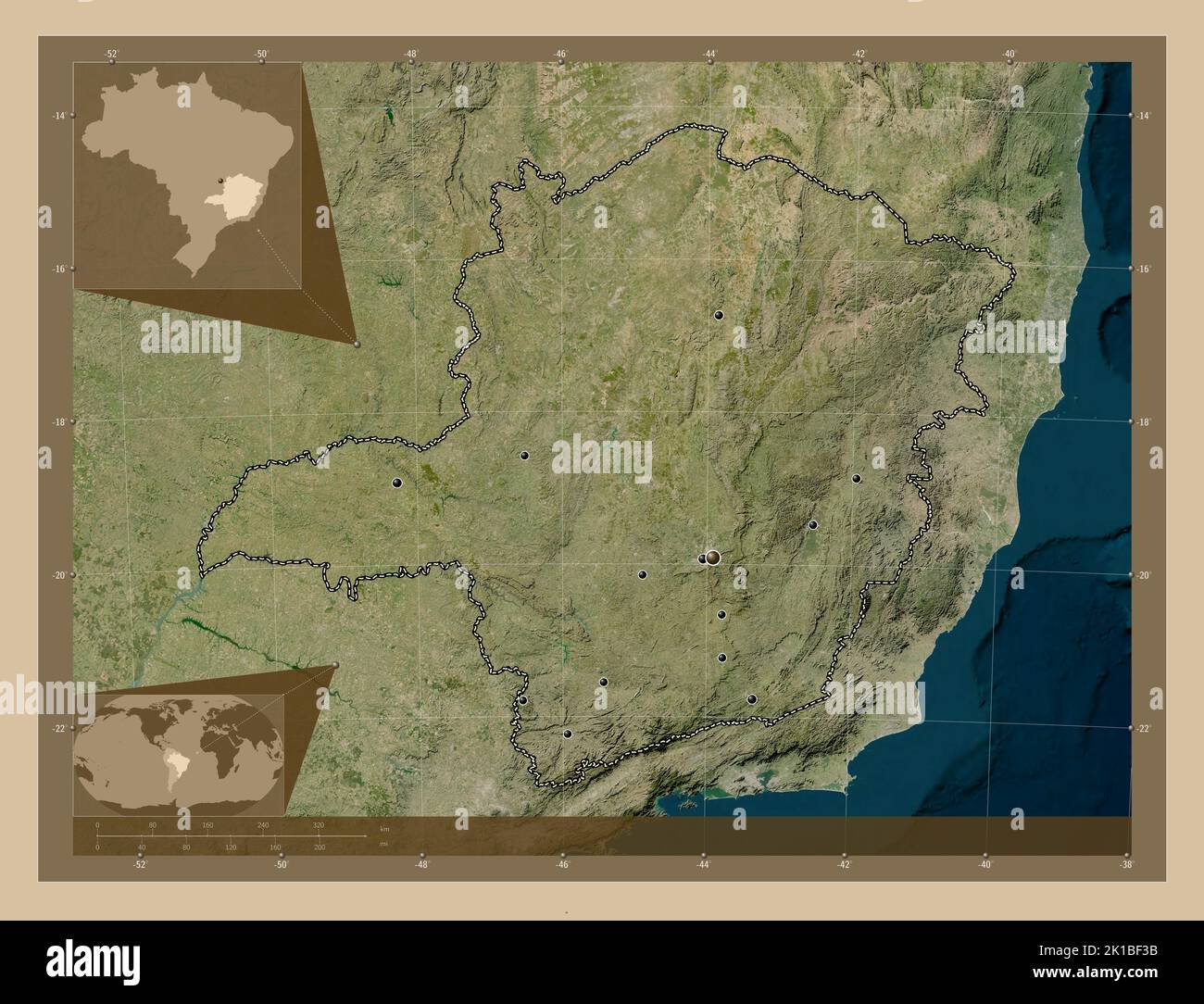 Minas Gerais, state of Brazil. Low resolution satellite map. Locations ...