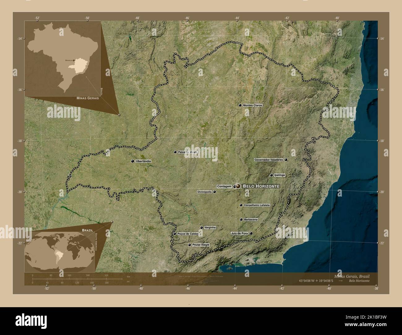 Minas Gerais, state of Brazil. Low resolution satellite map. Locations ...