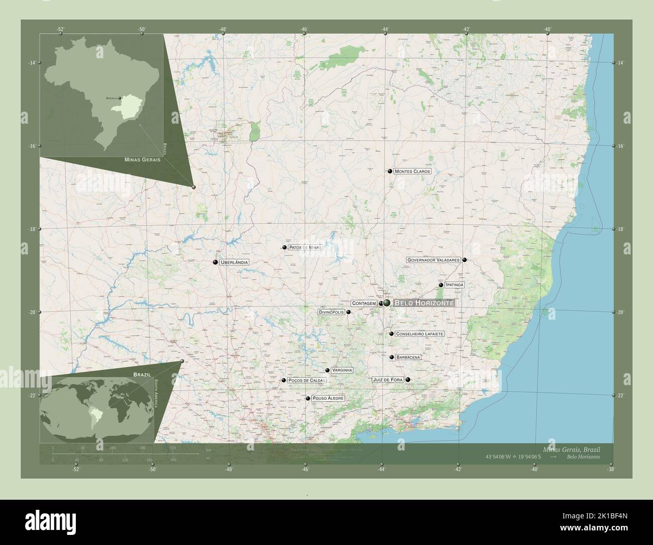 Minas Gerais, state of Brazil. Open Street Map. Locations and names of ...
