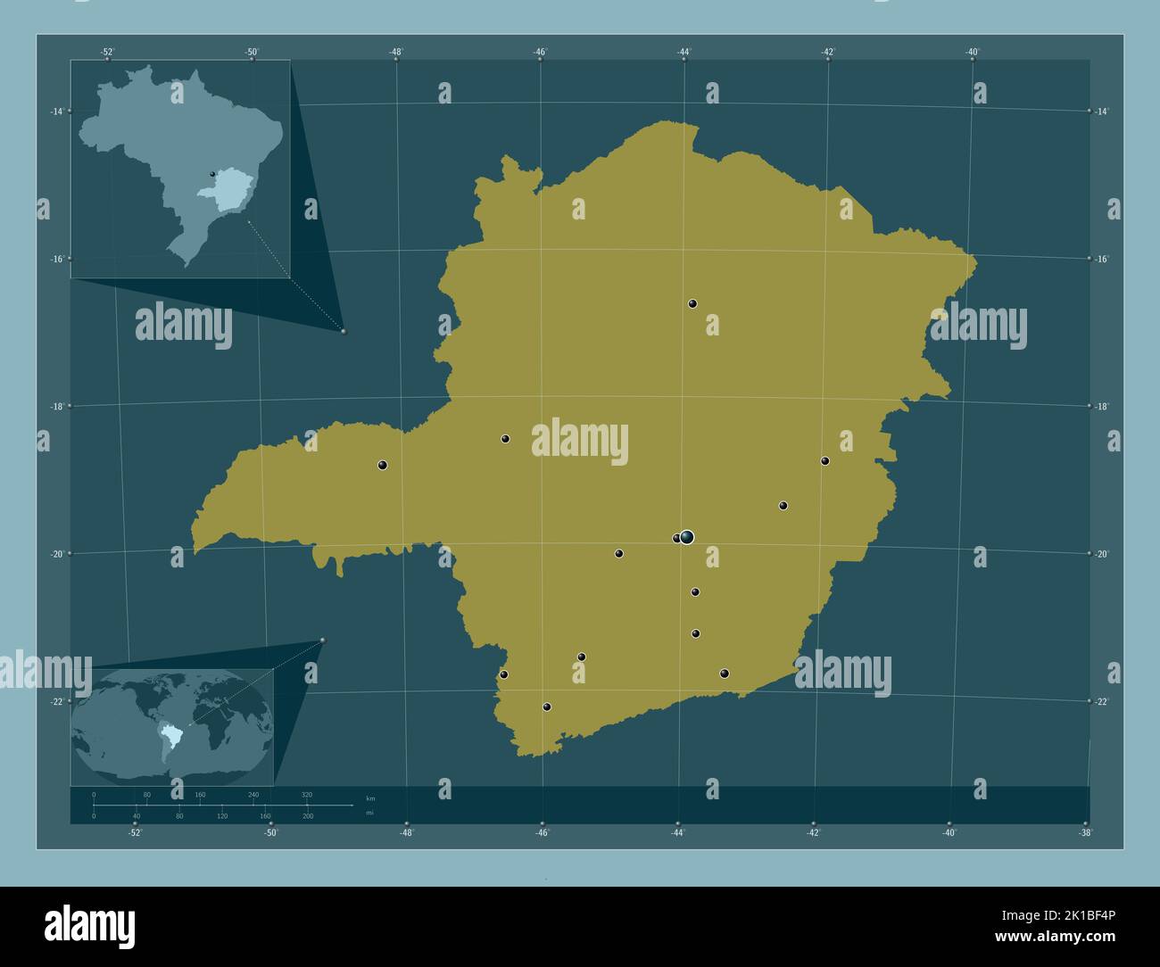 Minas Gerais, state of Brazil. Solid color shape. Locations of major ...