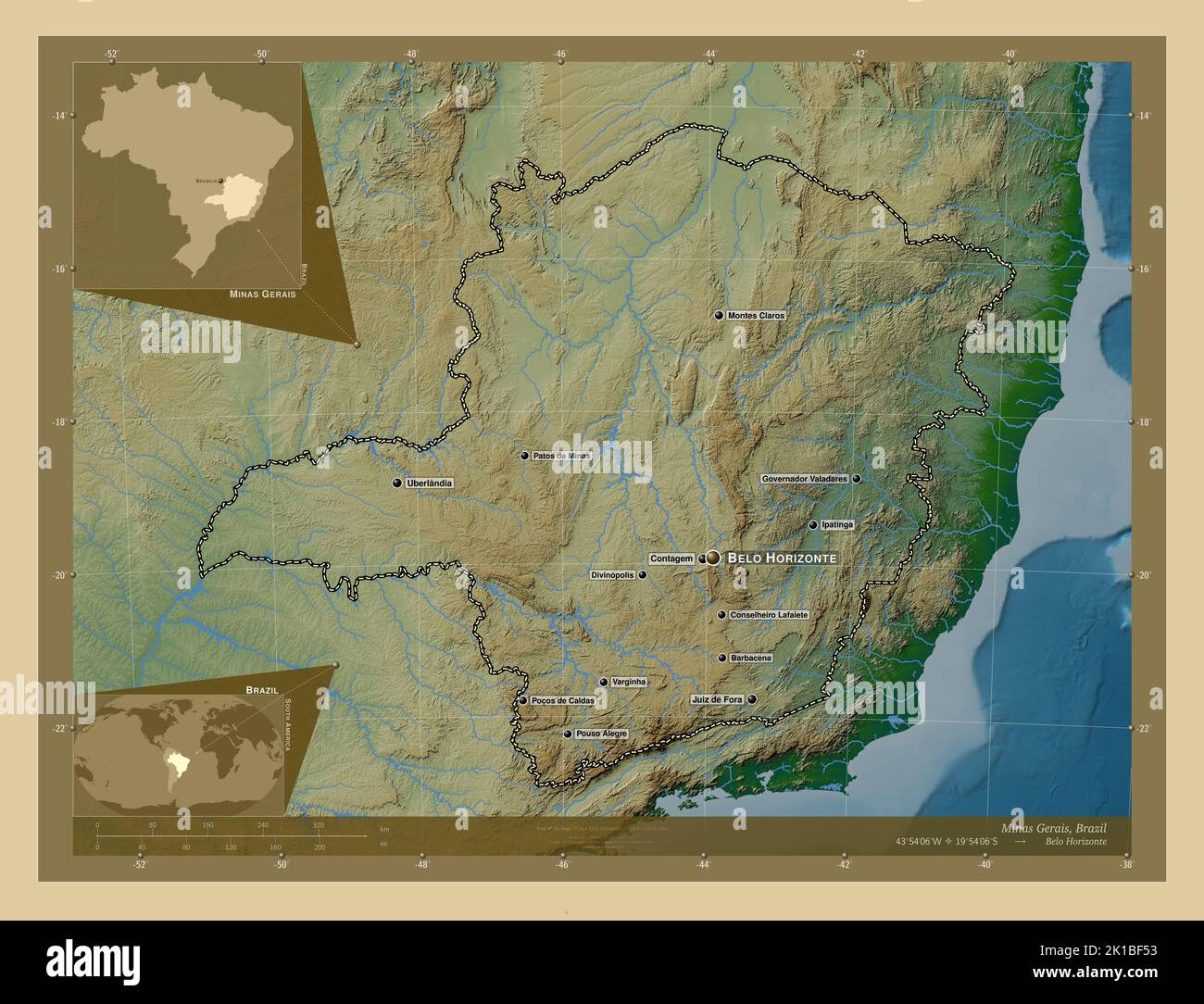 Minas Gerais, state of Brazil. Colored elevation map with lakes and ...