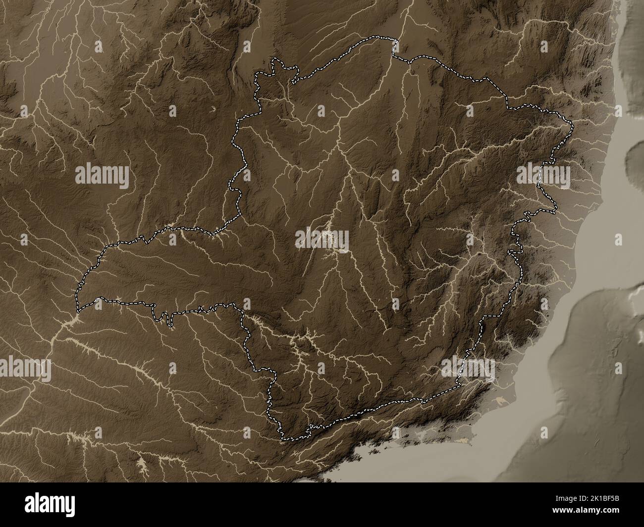 Minas Gerais, state of Brazil. Elevation map colored in sepia tones ...