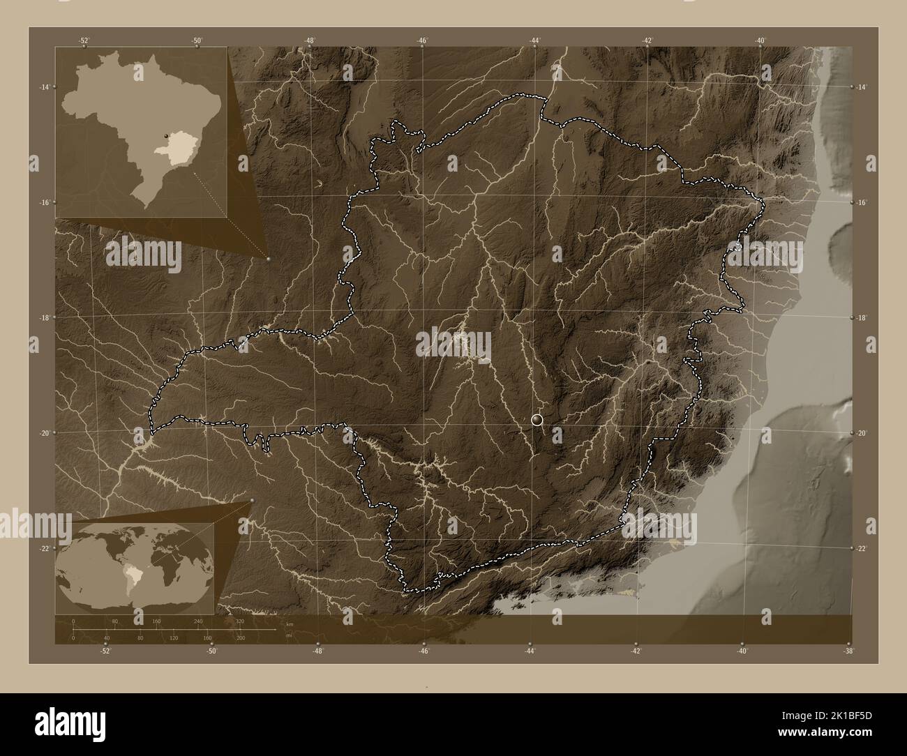 Minas Gerais, state of Brazil. Elevation map colored in sepia tones ...