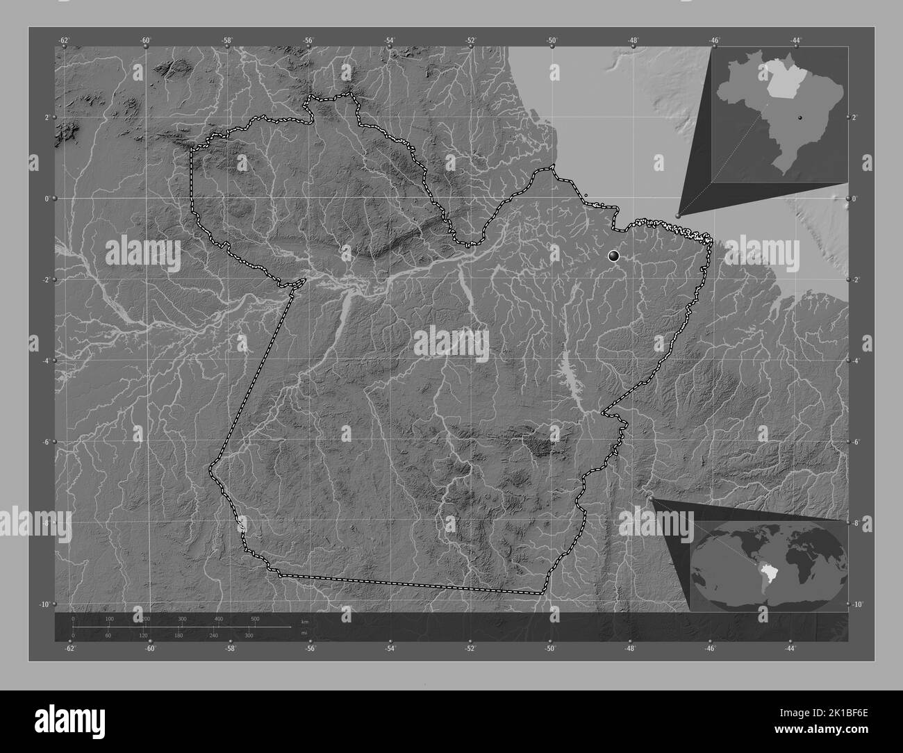 Para, state of Brazil. Bilevel elevation map with lakes and rivers ...