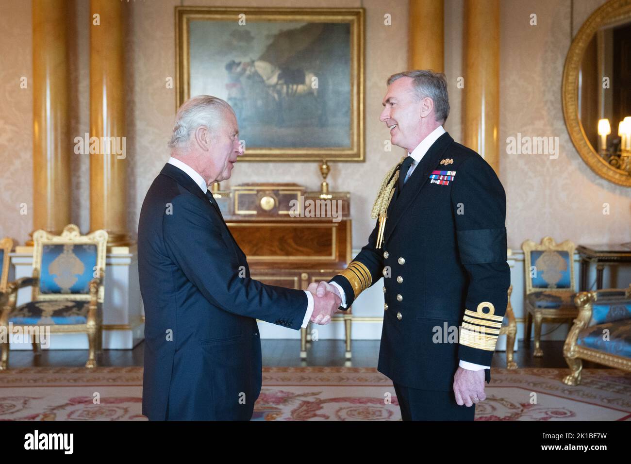 King Charles III greets Admiral Sir Tony Radakin, Chief of the Defence ...