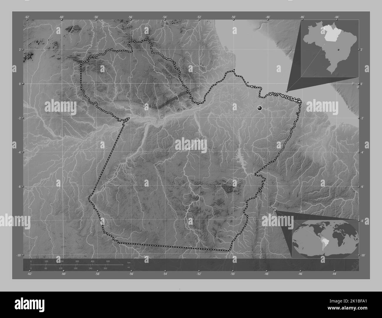 Para, state of Brazil. Grayscale elevation map with lakes and rivers. Corner auxiliary location ...