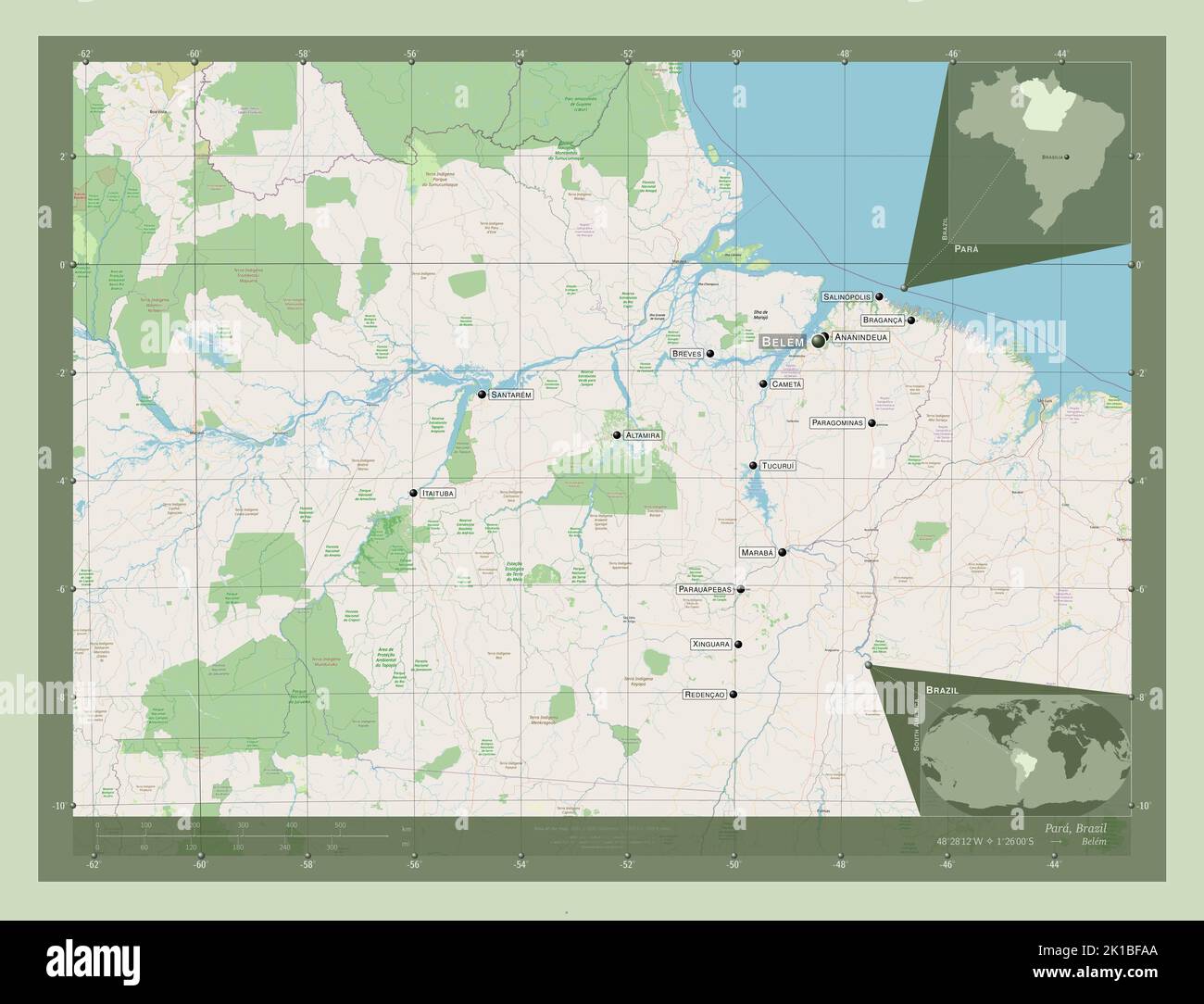 Para, state of Brazil. Open Street Map. Locations and names of major ...