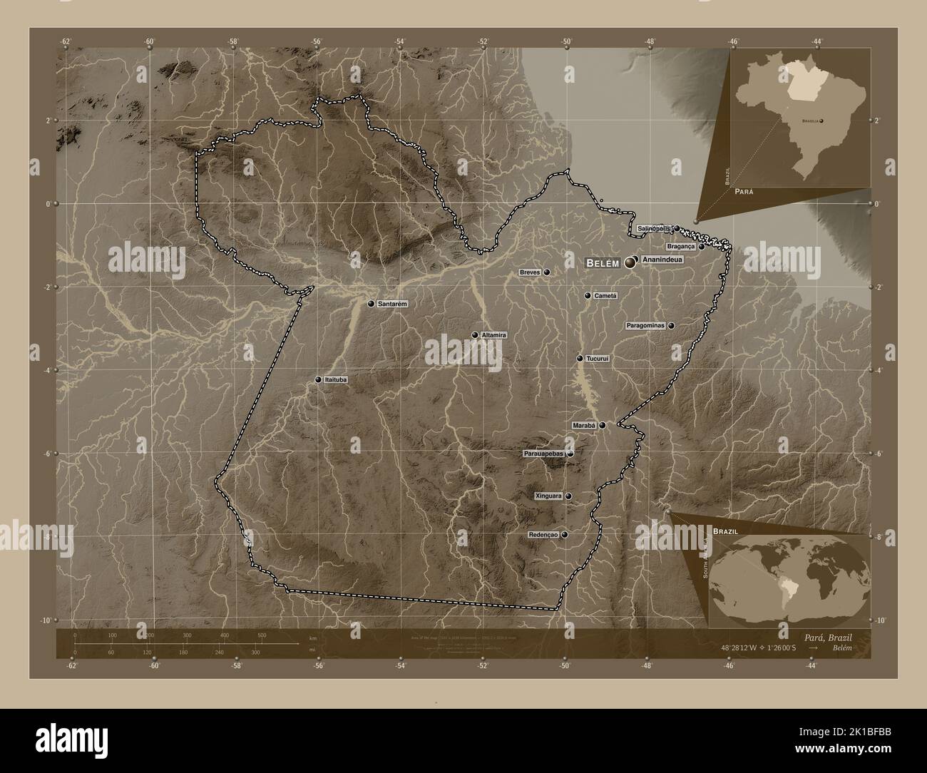 Para, state of Brazil. Elevation map colored in sepia tones with lakes ...