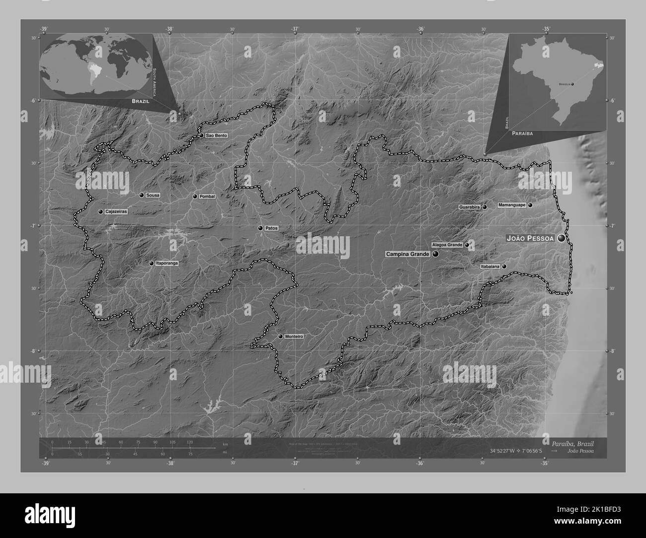 Paraiba, state of Brazil. Grayscale elevation map with lakes and rivers. Locations and names of ...