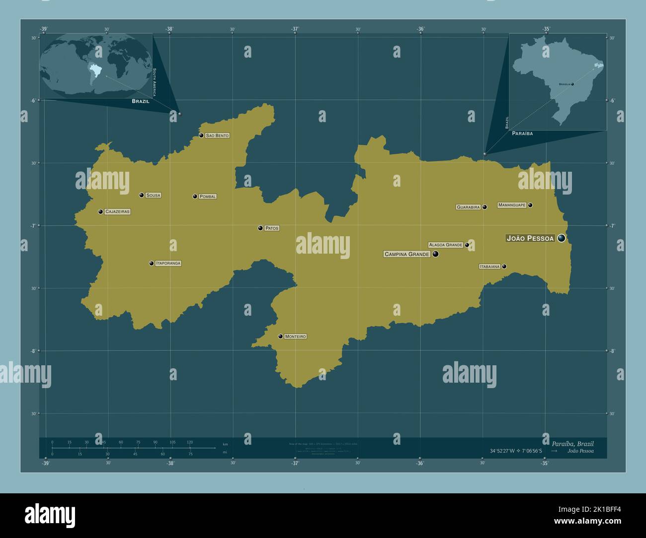 Paraiba, state of Brazil. Solid color shape. Locations and names of ...