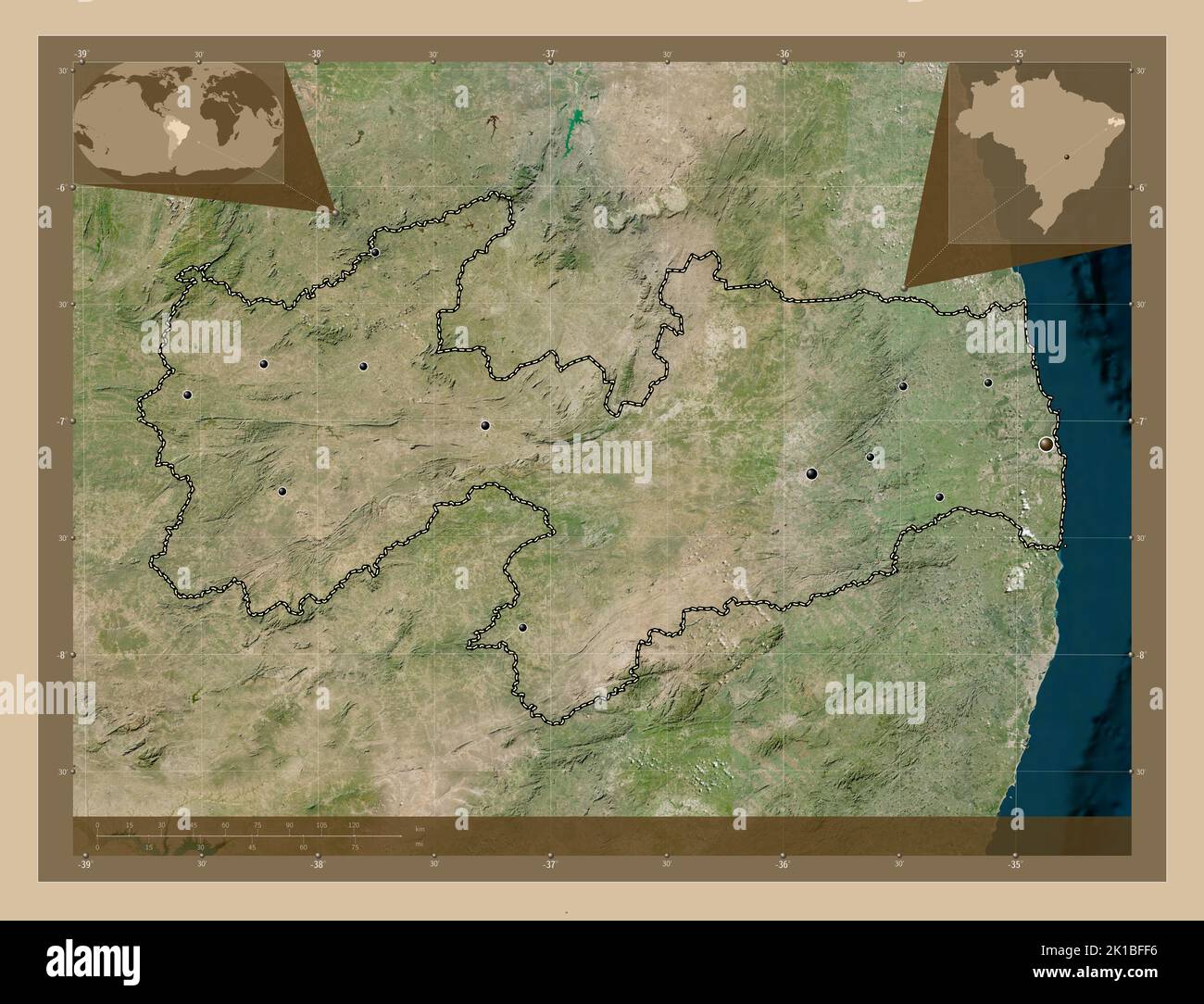 Paraiba, state of Brazil. Low resolution satellite map. Locations of ...