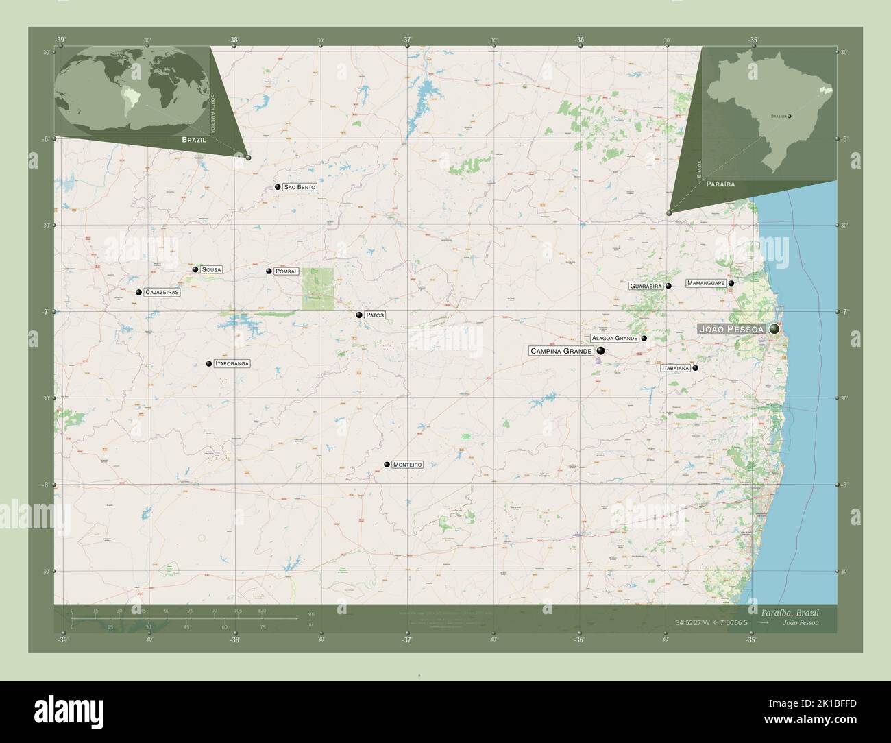 Paraiba, state of Brazil. Open Street Map. Locations and names of major ...