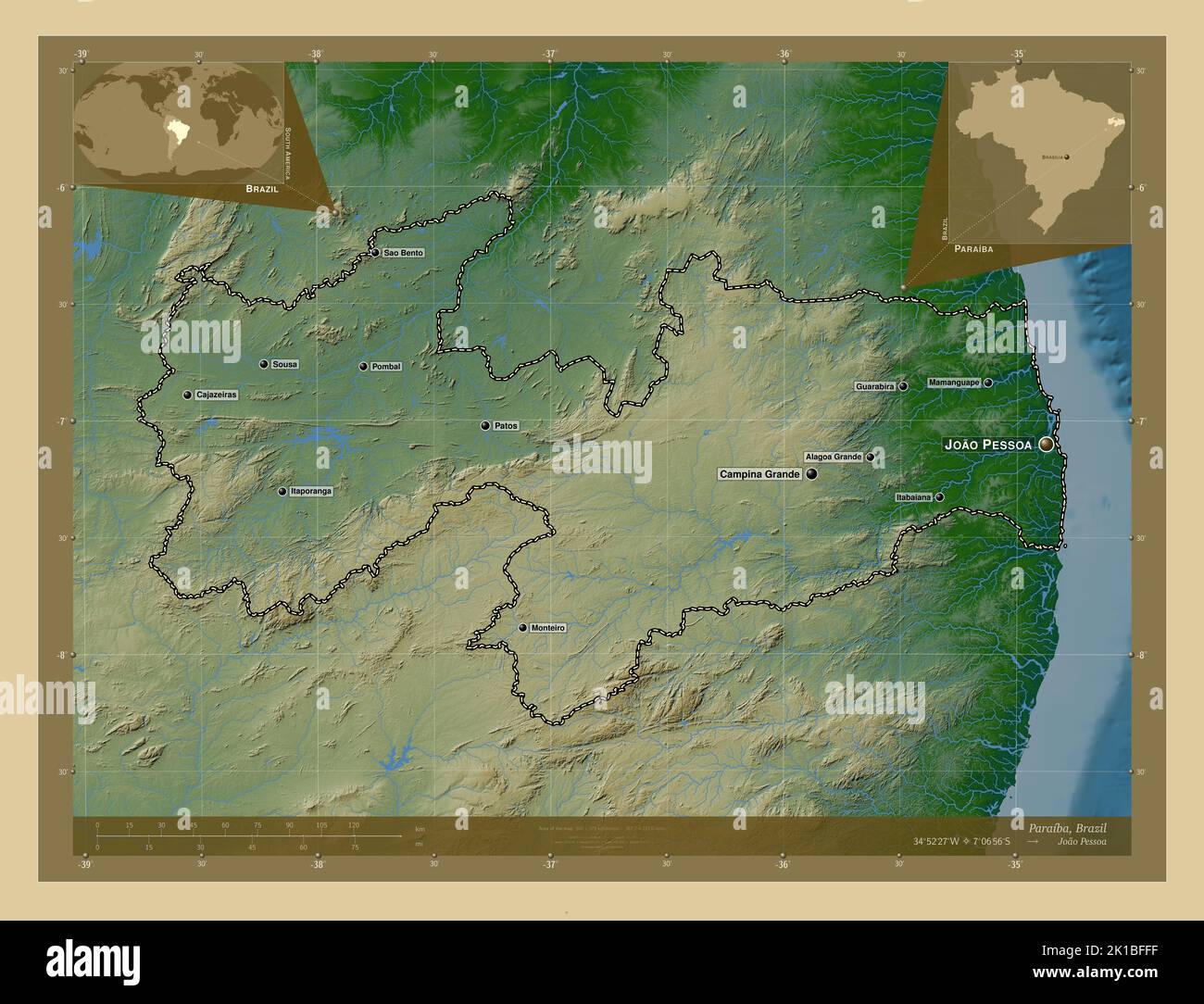 Paraiba, state of Brazil. Colored elevation map with lakes and rivers ...