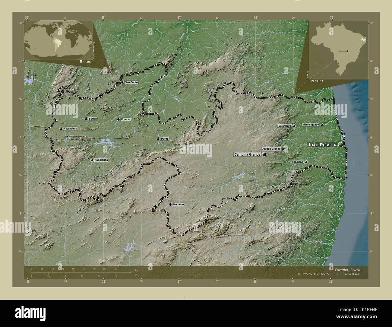 Paraiba, state of Brazil. Elevation map colored in wiki style with ...