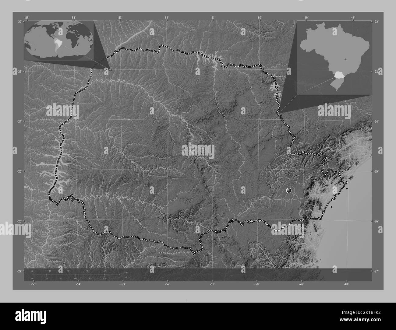 Parana, state of Brazil. Grayscale elevation map with lakes and rivers. Corner auxiliary ...