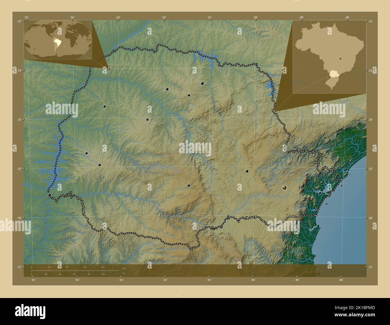 Parana, state of Brazil. Colored elevation map with lakes and rivers. Locations of major cities ...