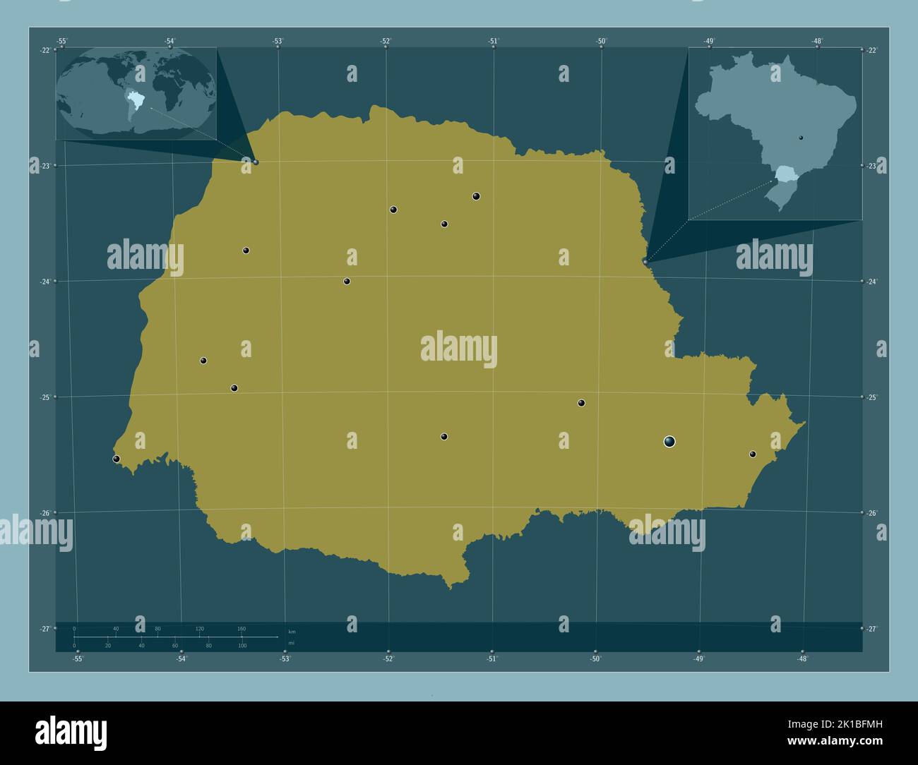 Parana, state of Brazil. Solid color shape. Locations of major cities ...