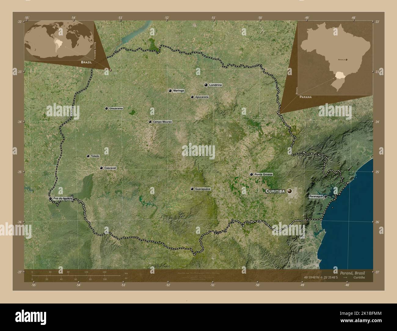 Parana, state of Brazil. Low resolution satellite map. Locations and ...