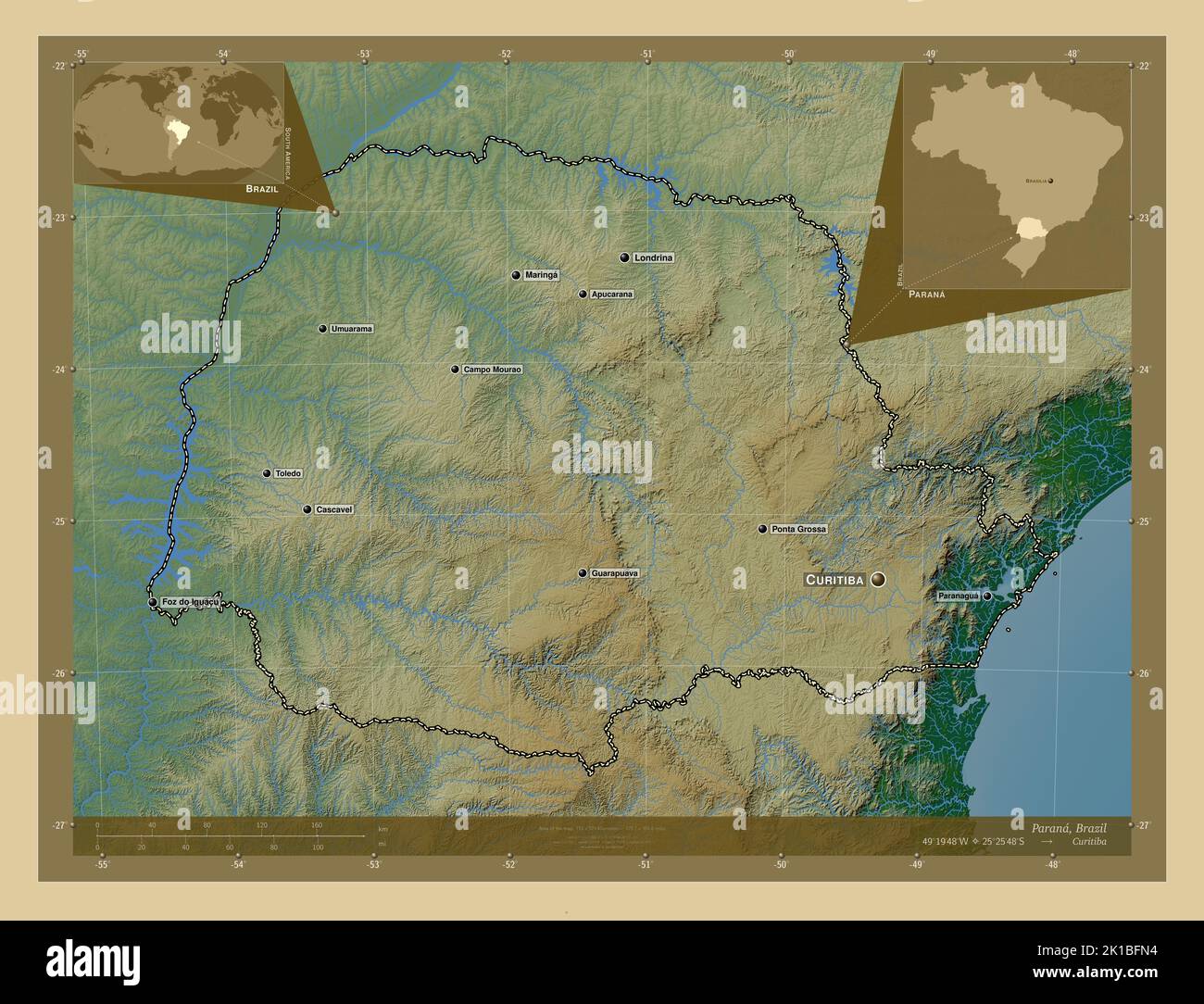 Parana, state of Brazil. Colored elevation map with lakes and rivers ...