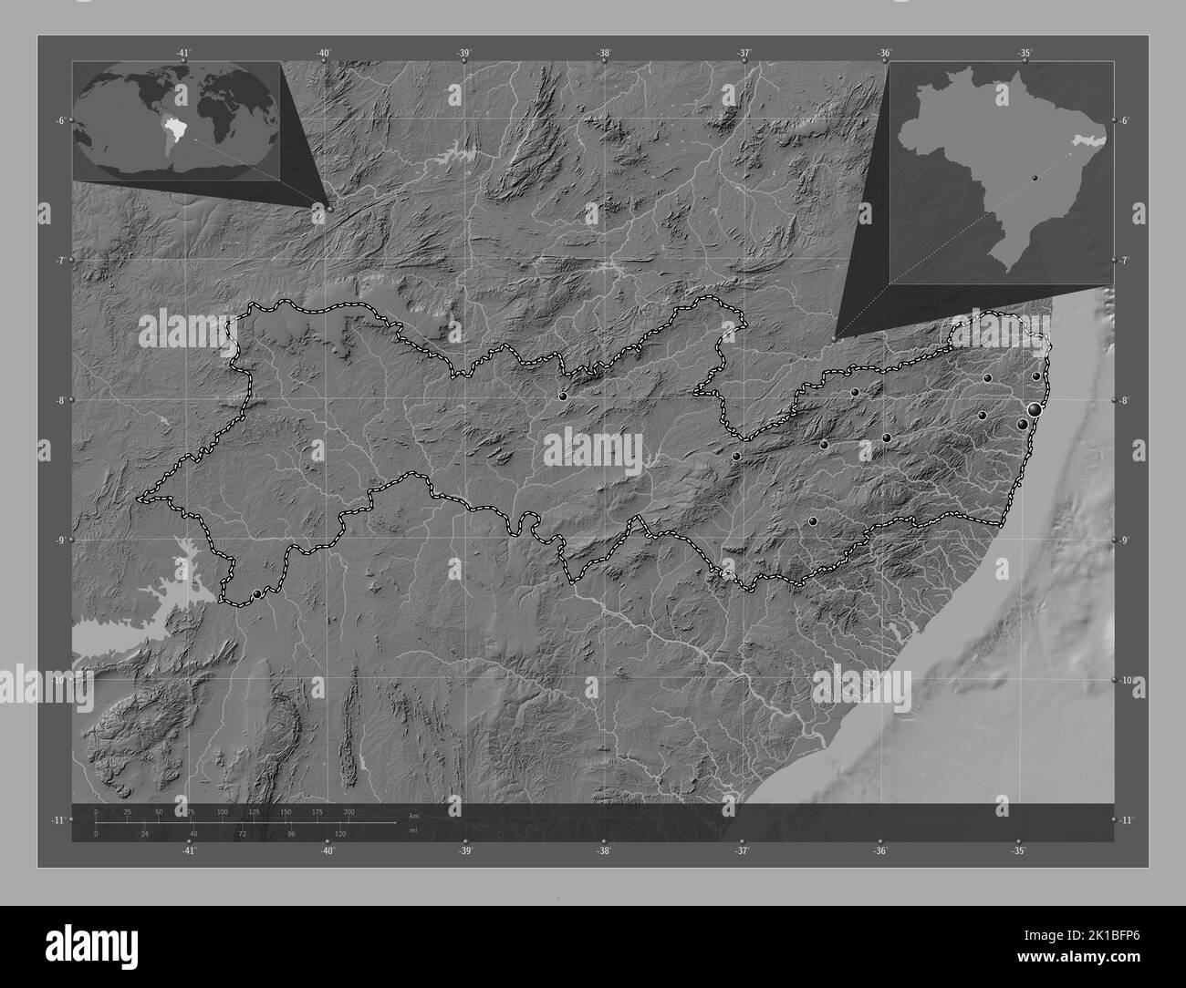 Pernambuco, state of Brazil. Bilevel elevation map with lakes and ...