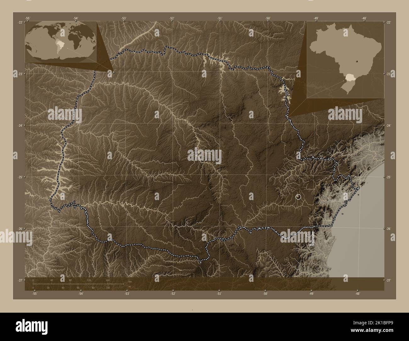 Parana, state of Brazil. Elevation map colored in sepia tones with ...