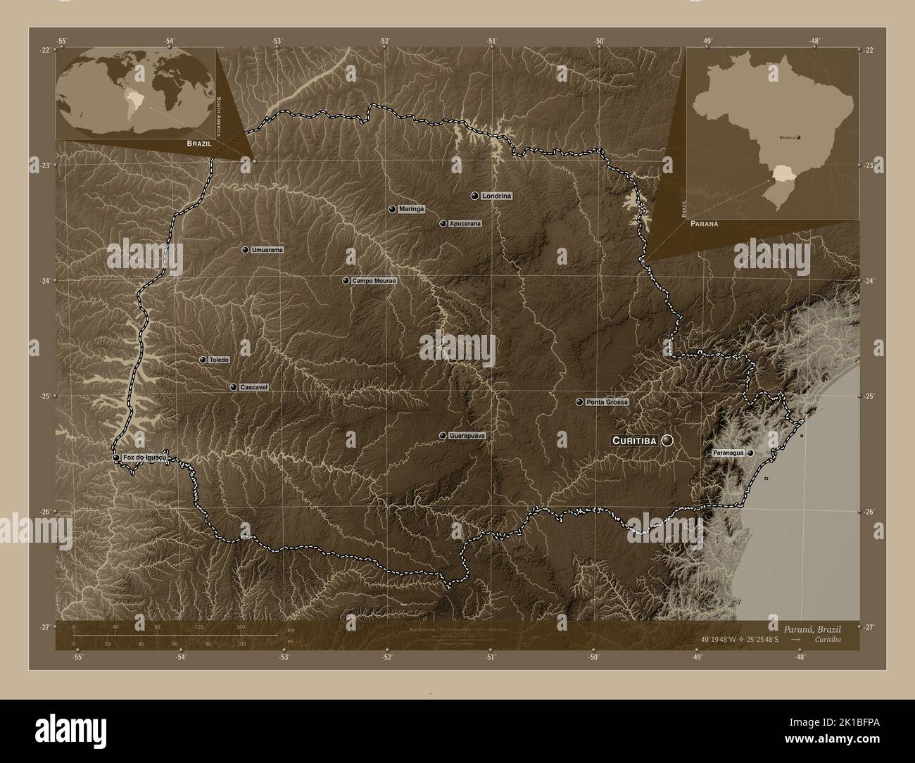 Parana, state of Brazil. Elevation map colored in sepia tones with ...
