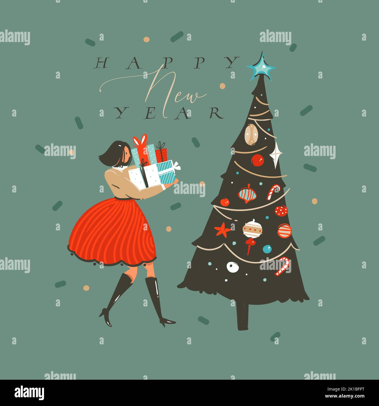 Hand drawn vector abstract fun Merry Christmas and Happy New Year time ...