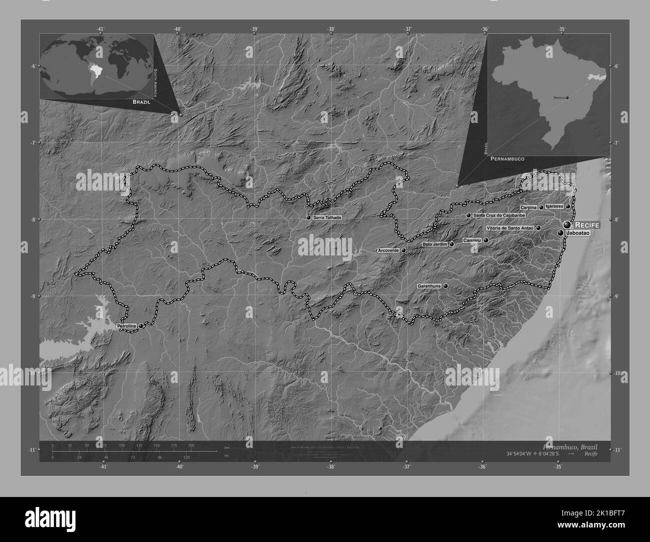Pernambuco, state of Brazil. Bilevel elevation map with lakes and ...