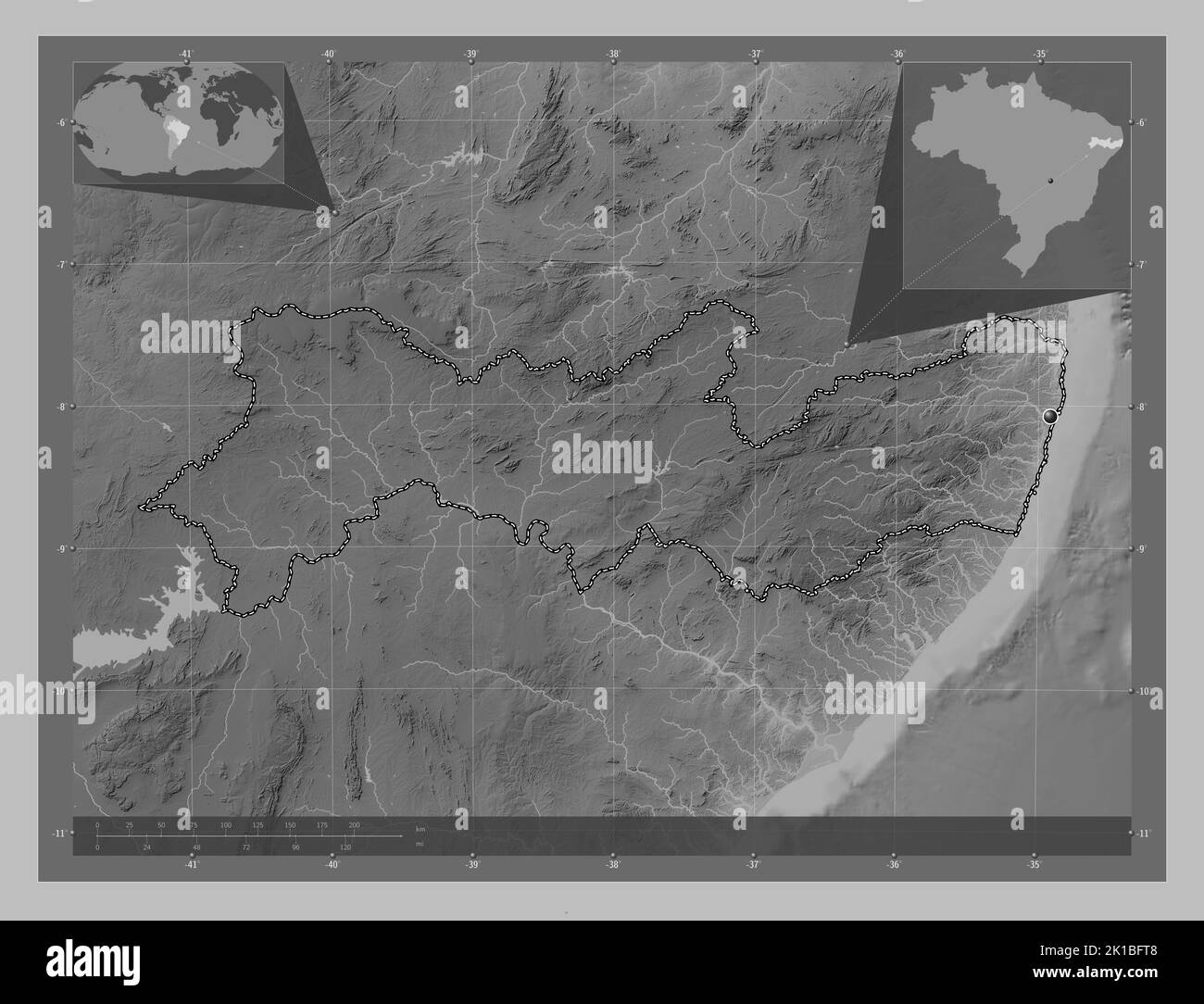 Pernambuco, state of Brazil. Grayscale elevation map with lakes and ...