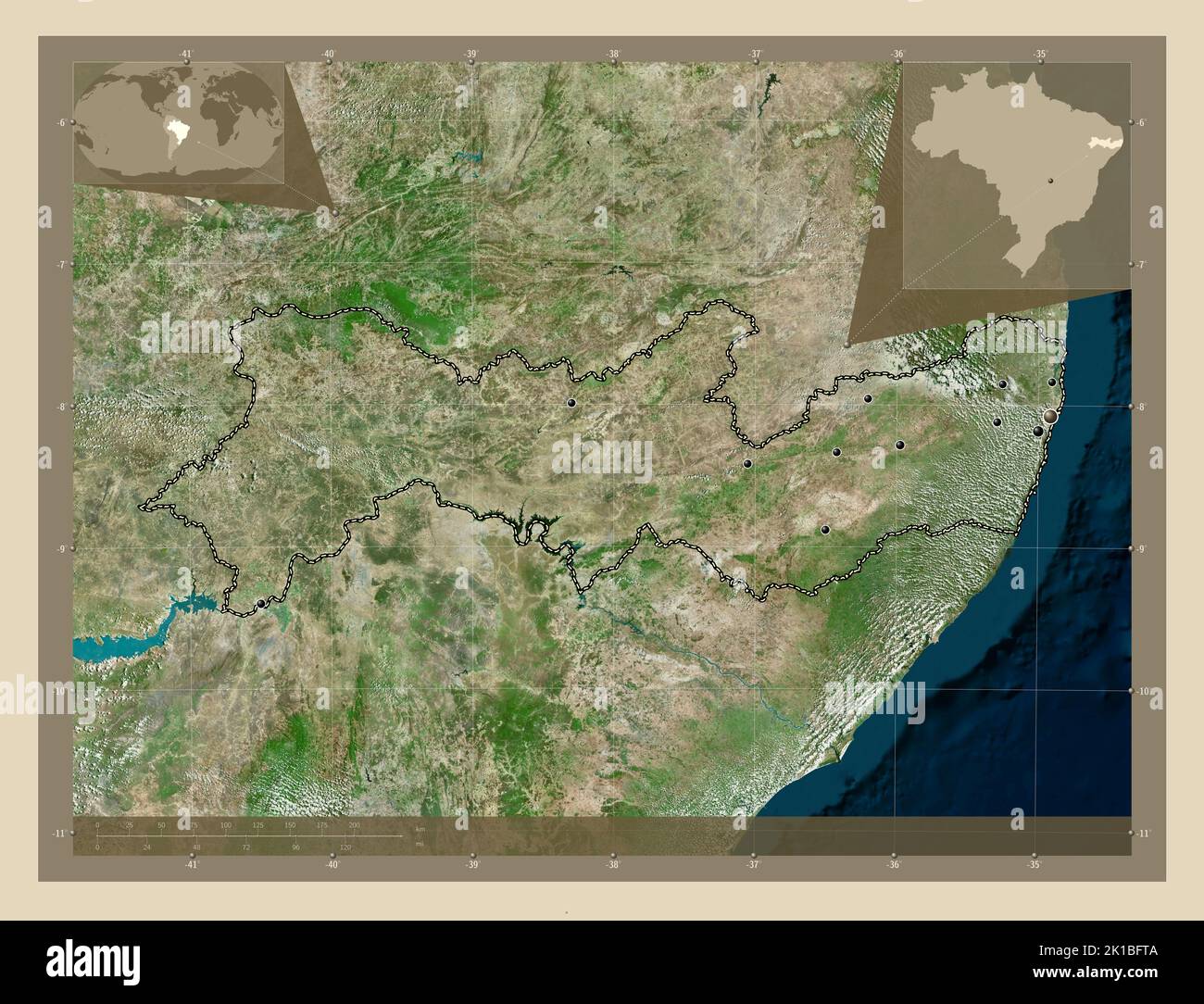 Pernambuco, state of Brazil. High resolution satellite map. Locations ...