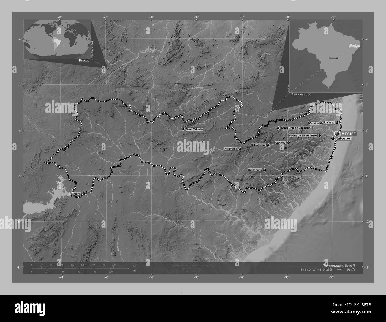 Pernambuco, state of Brazil. Grayscale elevation map with lakes and rivers. Locations and names ...