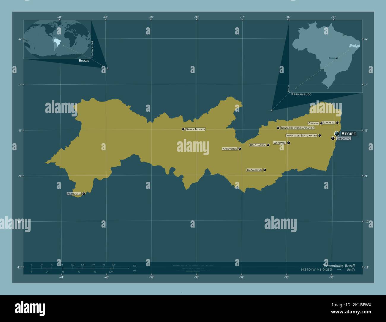 Pernambuco, state of Brazil. Solid color shape. Locations and names of ...