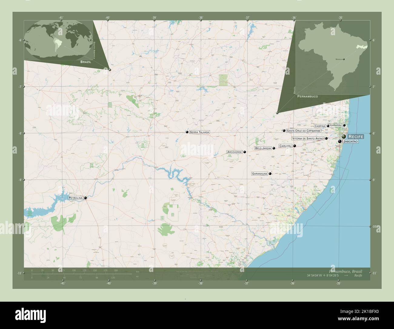 Pernambuco, state of Brazil. Open Street Map. Locations and names of ...