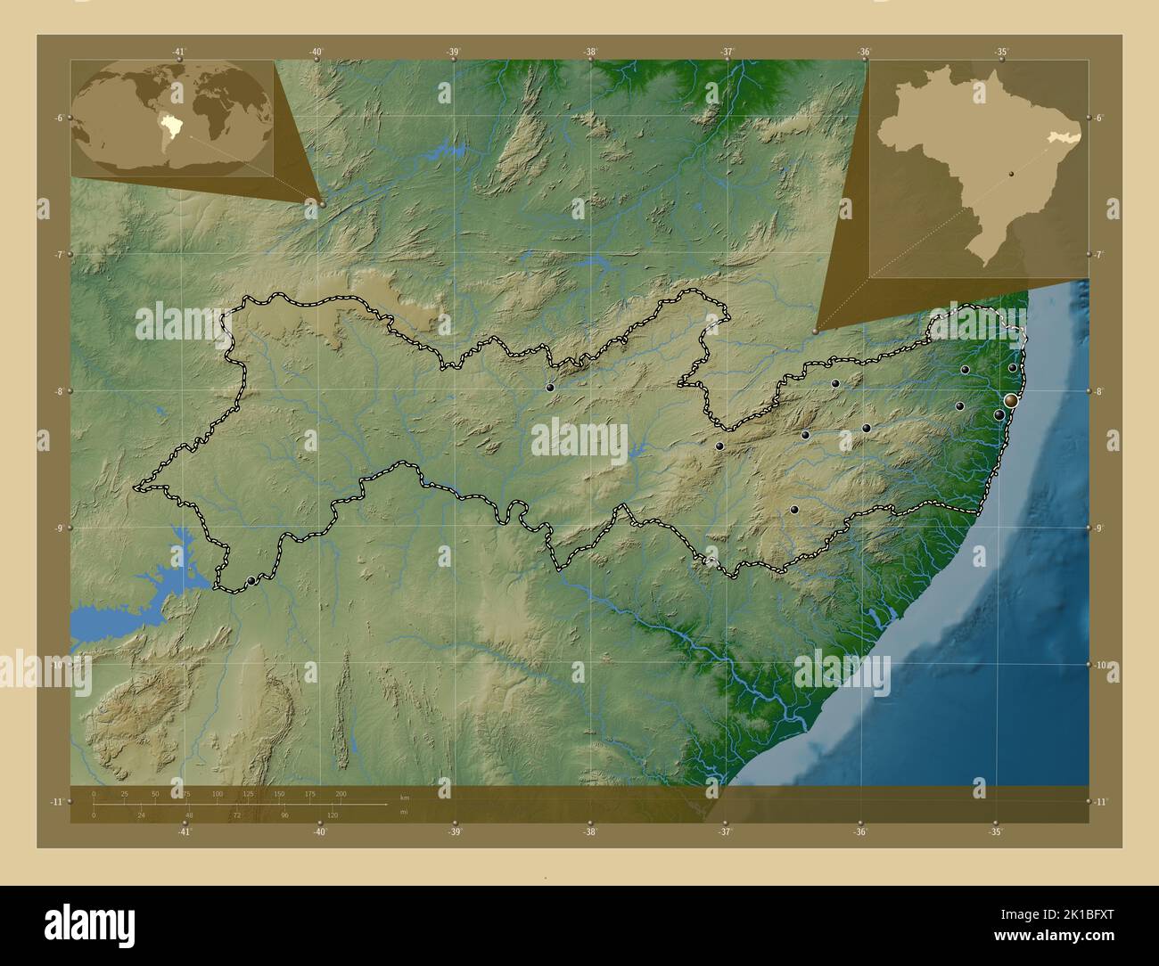 Pernambuco, state of Brazil. Colored elevation map with lakes and ...