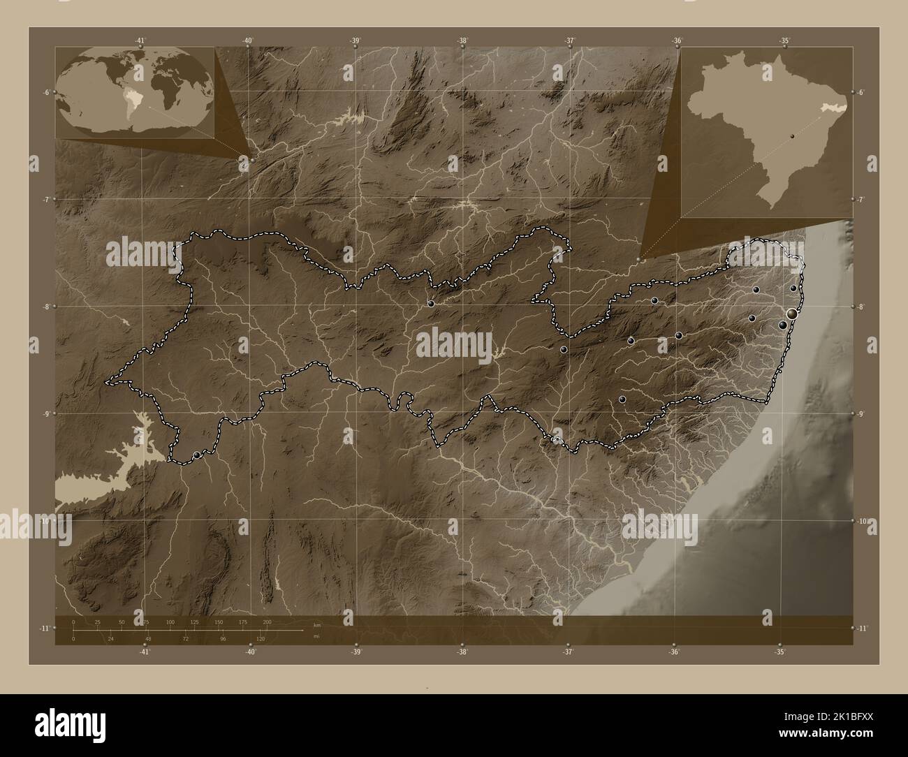 Pernambuco, state of Brazil. Elevation map colored in sepia tones with ...
