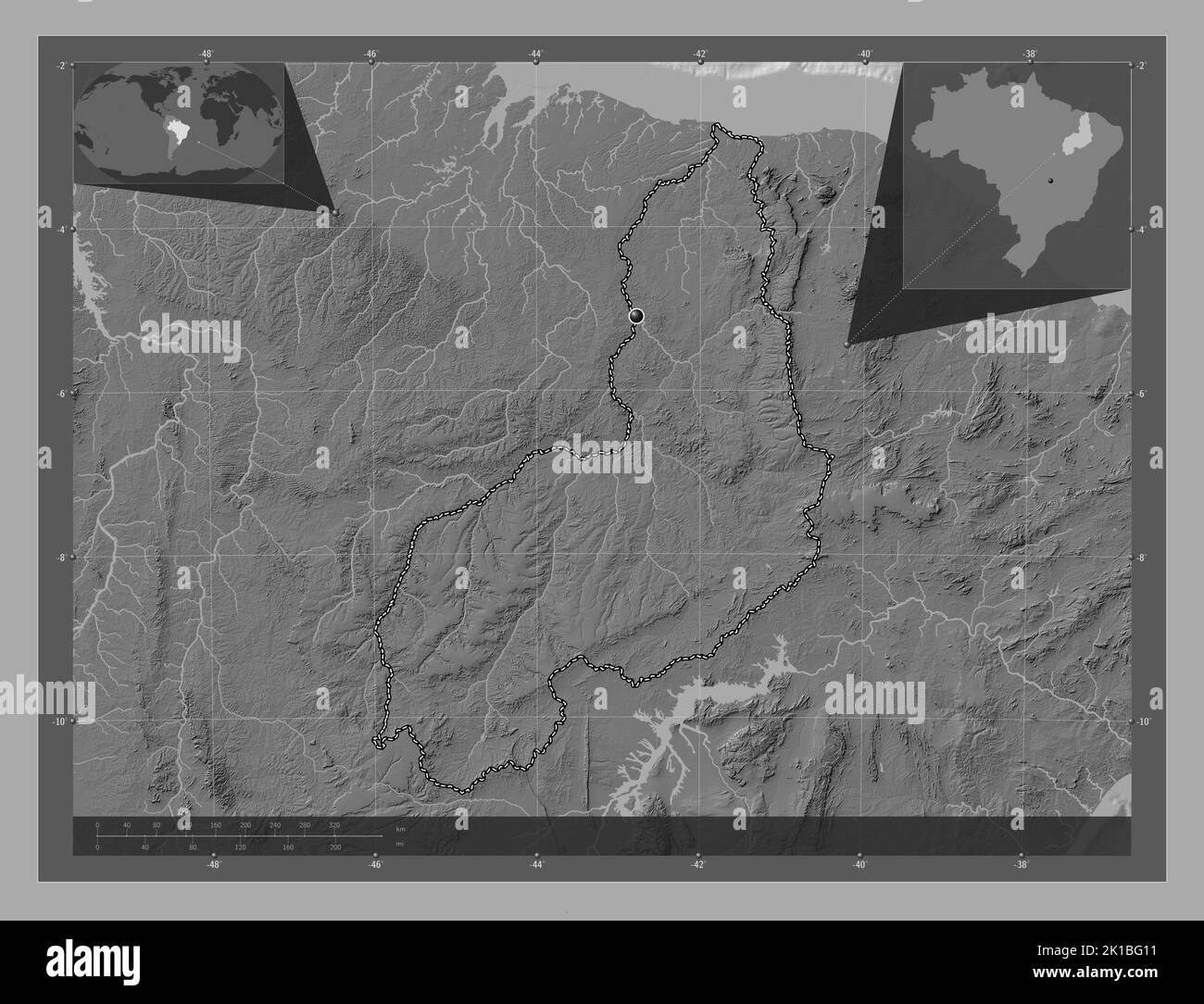 Piaui, state of Brazil. Bilevel elevation map with lakes and rivers. Corner auxiliary location ...