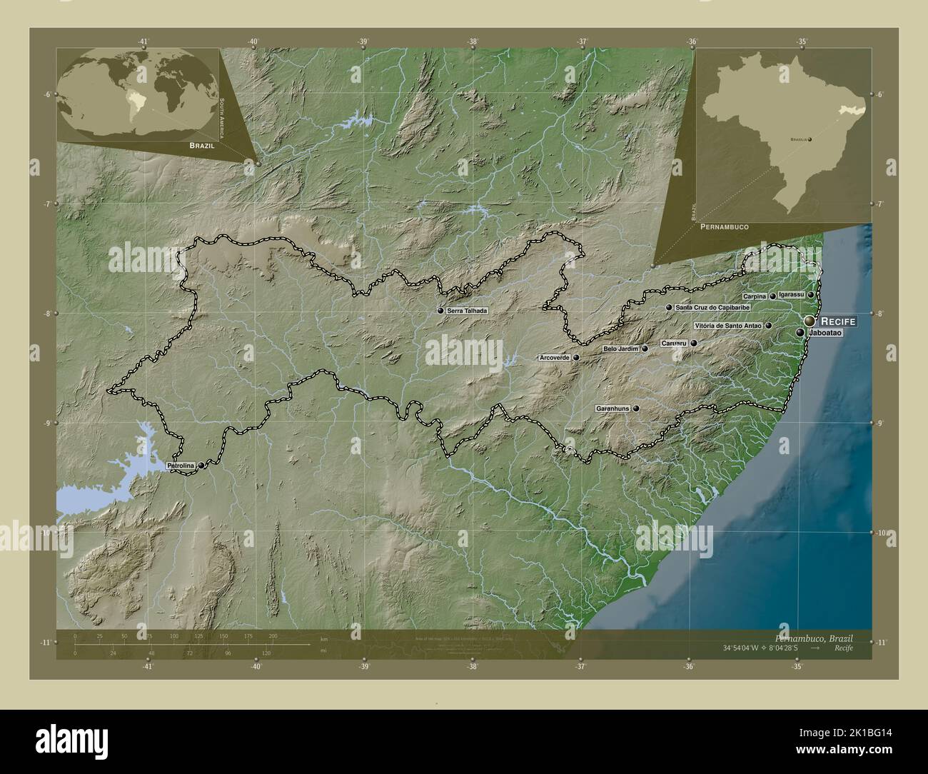 Pernambuco, state of Brazil. Elevation map colored in wiki style with ...