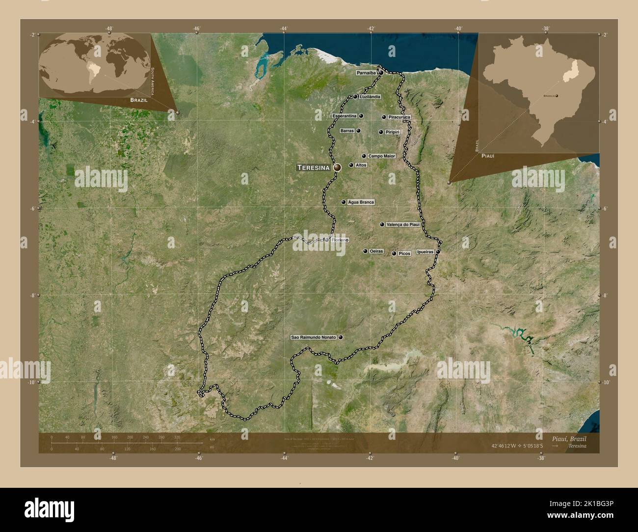 Piaui, state of Brazil. Low resolution satellite map. Locations and ...