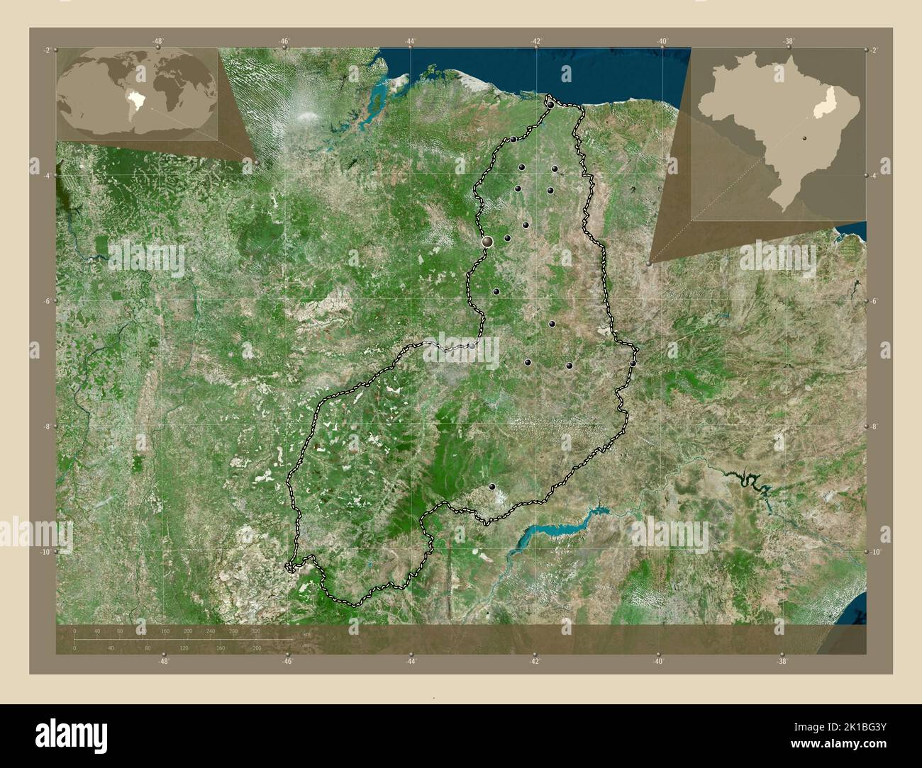 Piaui, state of Brazil. High resolution satellite map. Locations of ...