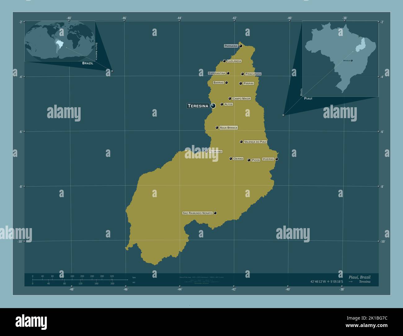 Piaui, state of Brazil. Solid color shape. Locations and names of major ...