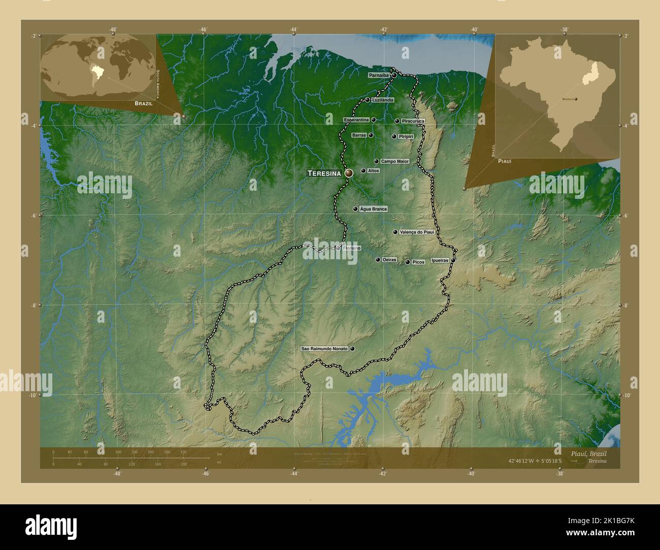 Piaui, state of Brazil. Colored elevation map with lakes and rivers ...