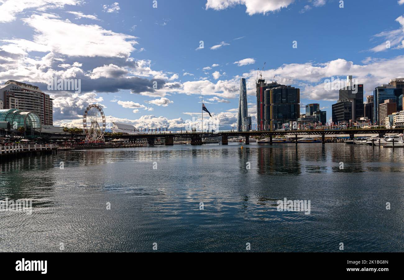 The Pyrmont Bridge across Darling Harbour in Sydney with the Australian ...