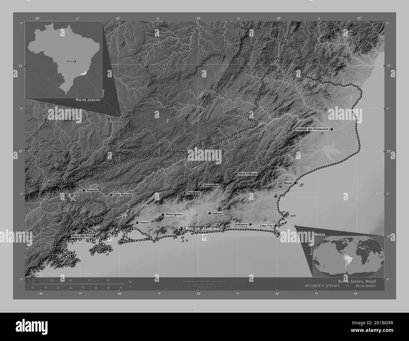 Rio de Janeiro, state of Brazil. Grayscale elevation map with lakes and rivers. Locations and ...