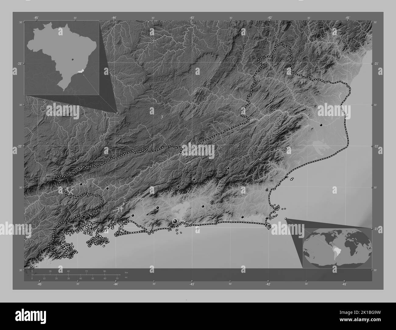 Rio de Janeiro, state of Brazil. Grayscale elevation map with lakes and rivers. Locations of ...
