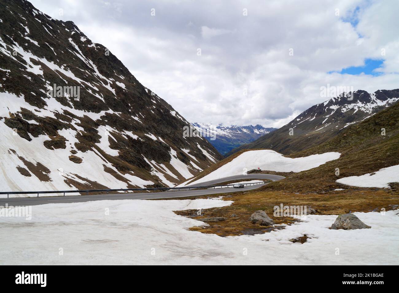 Scenic snowy Timmelsjoch mountain pass connecting Oetztal valley in ...