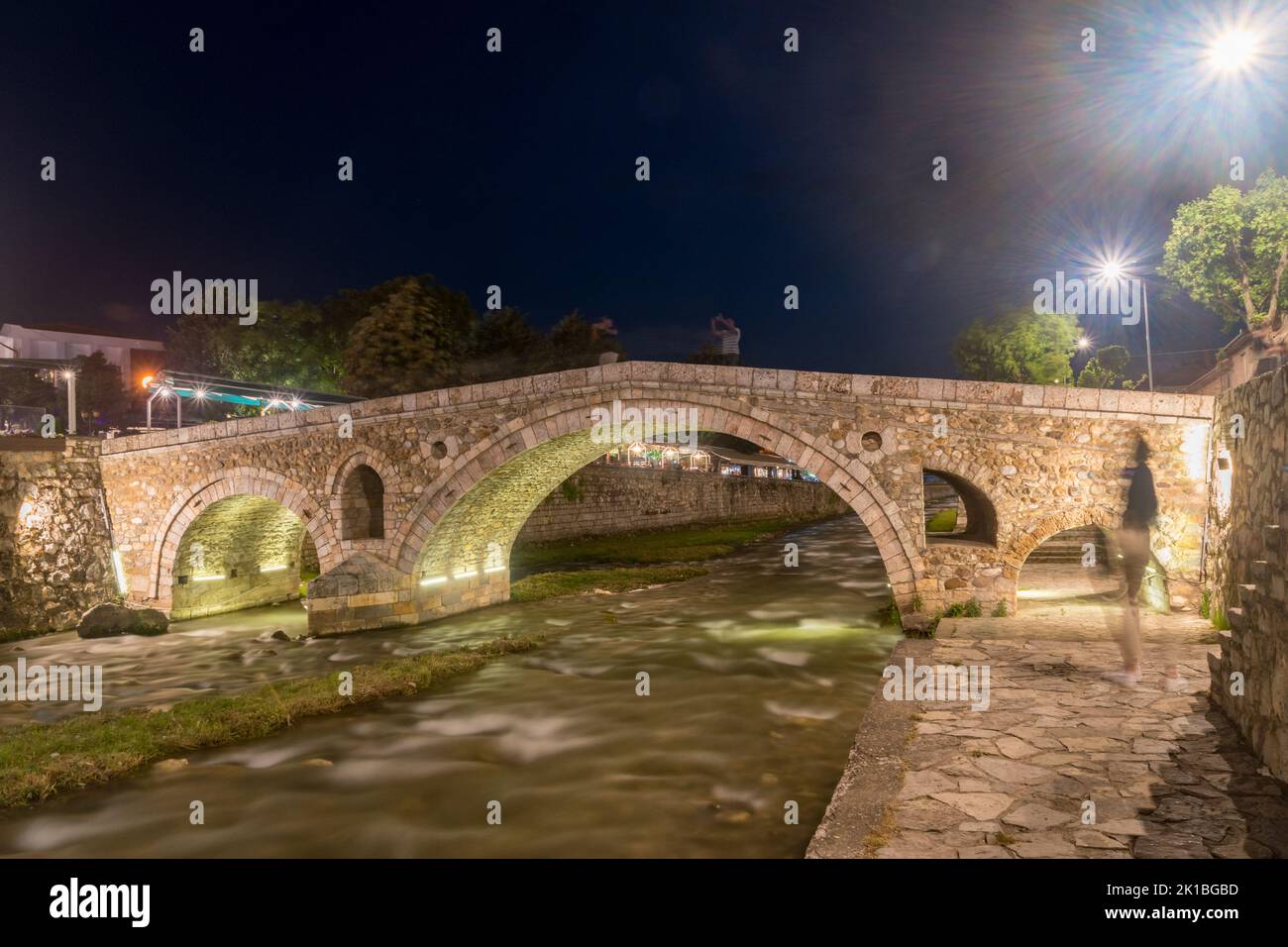 Historic Stone Bridge over Bistrica river at night in Prizren, Kosovo ...