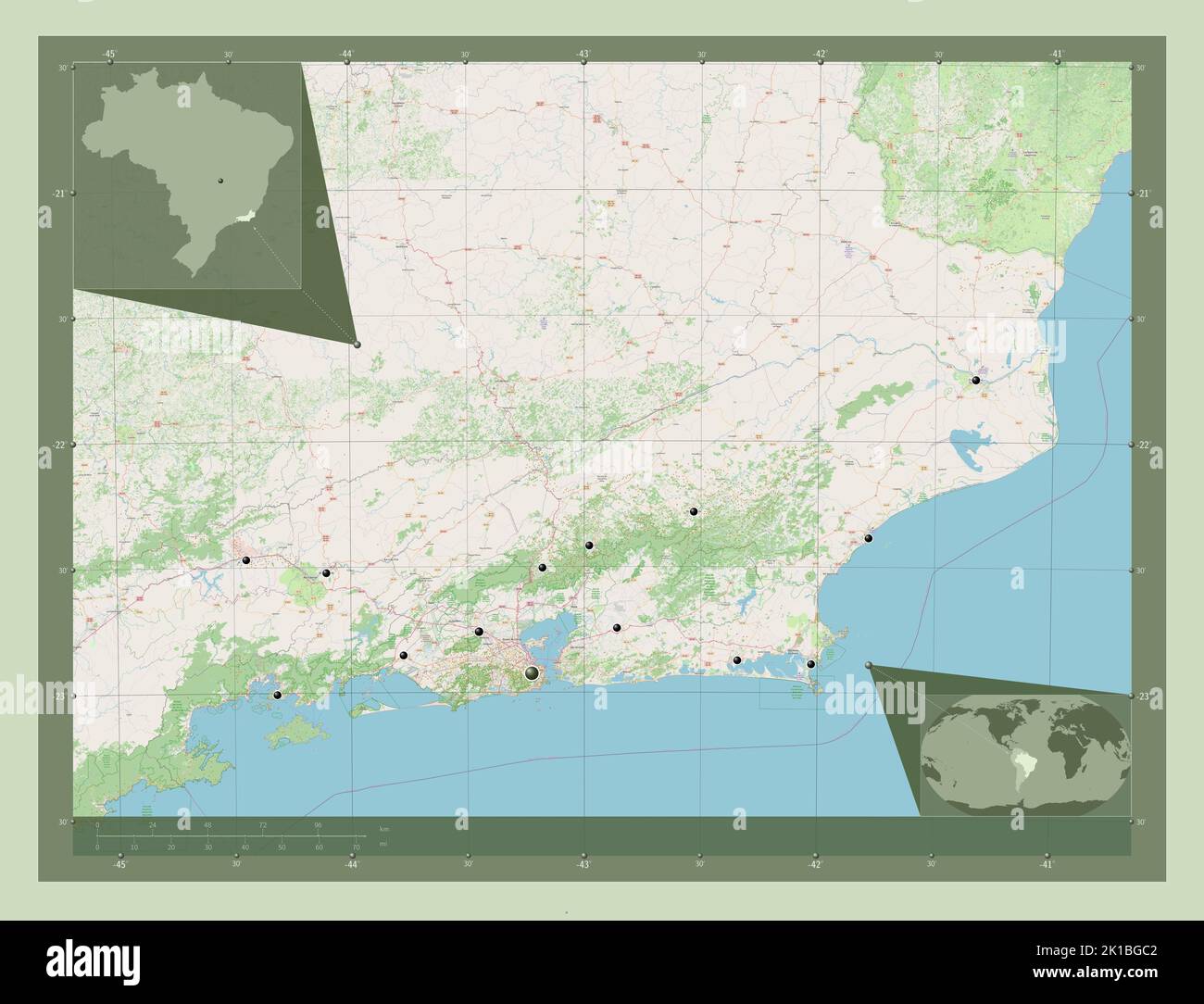 Rio de Janeiro, state of Brazil. Open Street Map. Locations of major ...