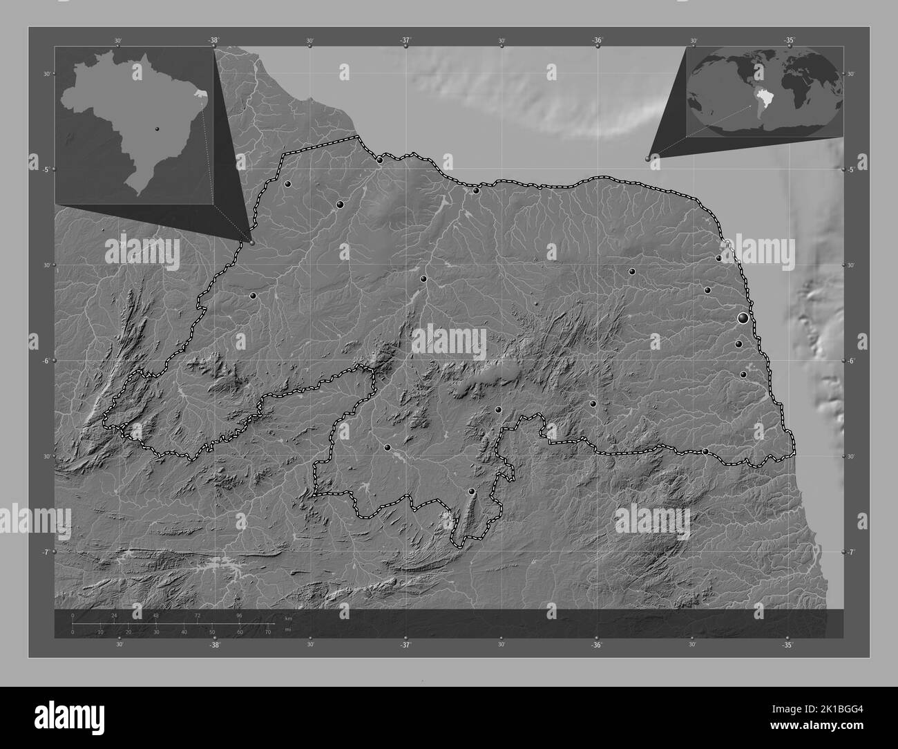 Rio Grande do Norte, state of Brazil. Bilevel elevation map with lakes and rivers. Locations of ...