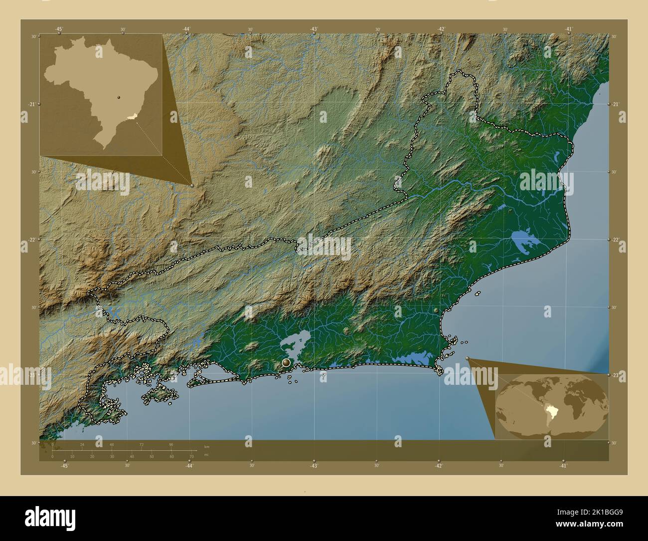 Rio de Janeiro, state of Brazil. Colored elevation map with lakes and ...