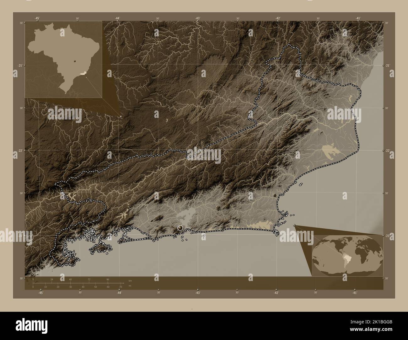 Rio de Janeiro, state of Brazil. Elevation map colored in sepia tones ...